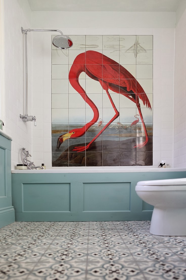bagno red flamingo wall tiles in white bathroom with blue wanescotting ...